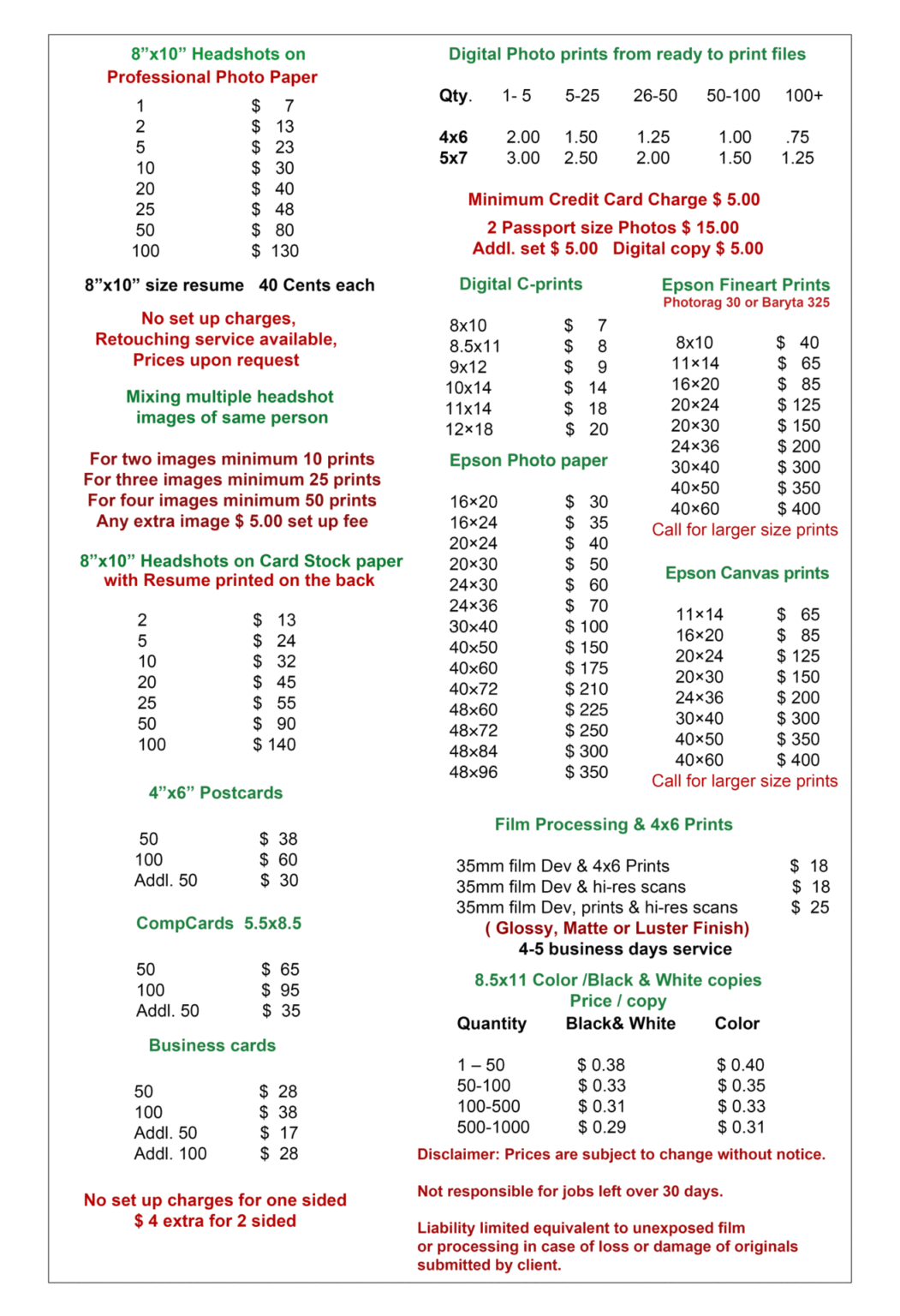 PRICE LIST | Quick Color Custom Photo Lab